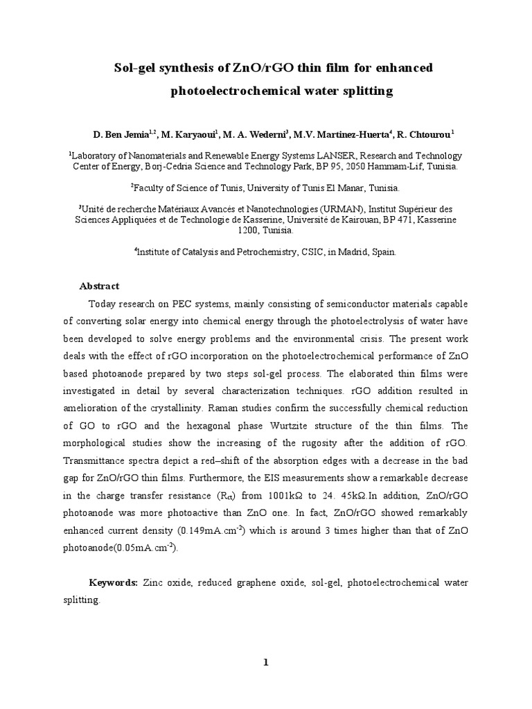 Sol-Gel Synthesis of Zno/Rgo Thin Film For Enhanced ...