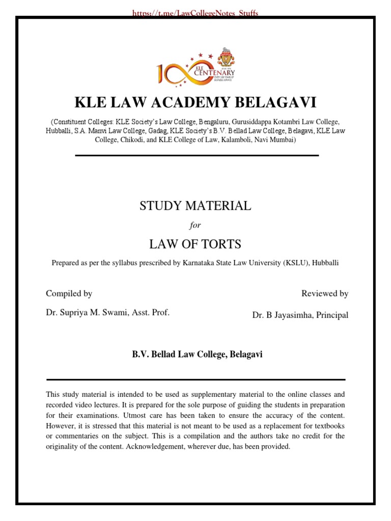 Law of Torts - KLE Law Academy Notes | Download Free PDF | Tort | Mens Rea