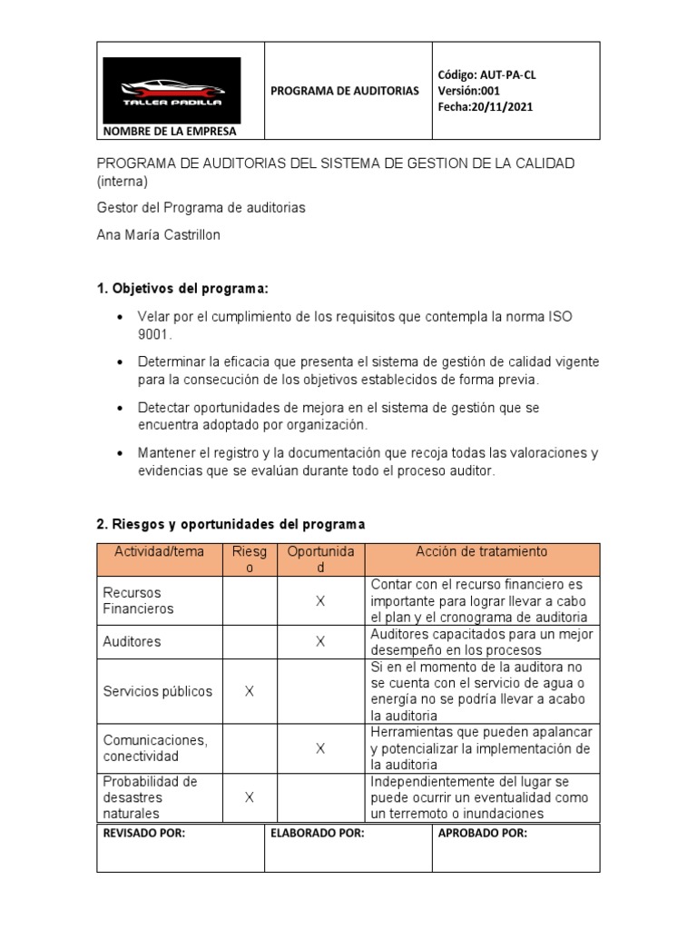 Programa de Auditorias Internas TALLER PADILLA | PDF | Auditoría | Sistema de manejo de calidad