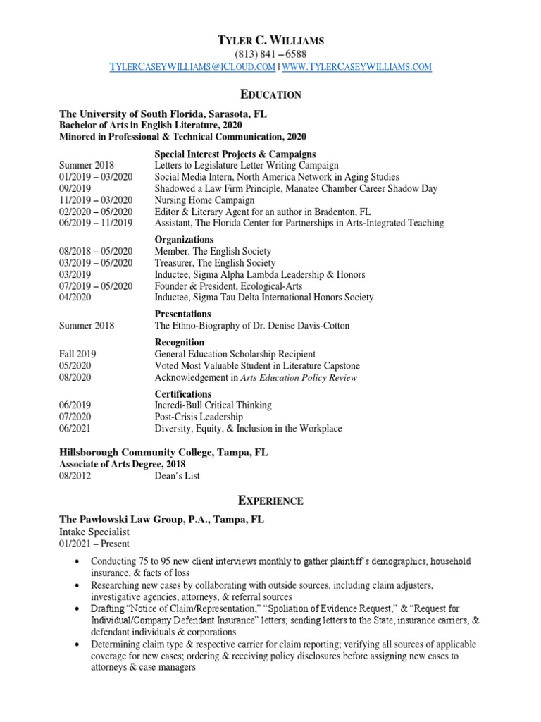 Tyler C. Williams Resume November 2021 | PDF | Employment | Insurance