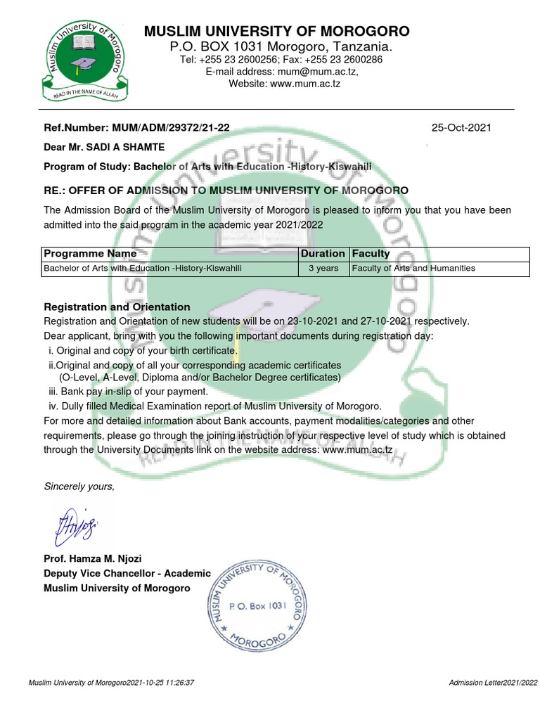 Muslim University of Morogoro: P.O. BOX 1031 Morogoro, Tanzania | PDF