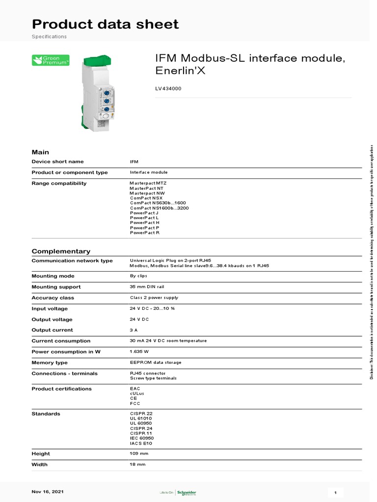 Product Data Sheet: IFM Modbus-SL Interface Module, Enerlin'X | PDF ...