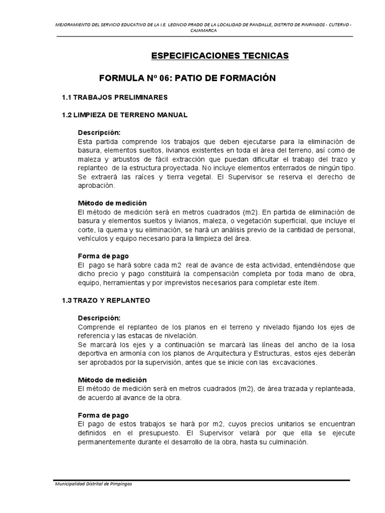 06 Espec - Tecnicas PATIO DE FORMACION | PDF | Hormigón | Cemento