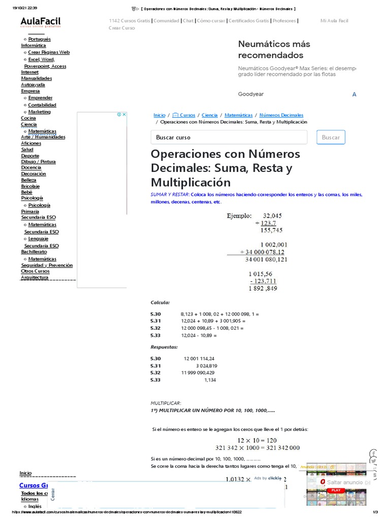 Operaciones con Números Decimales - Suma, Resta y Multiplicación ...