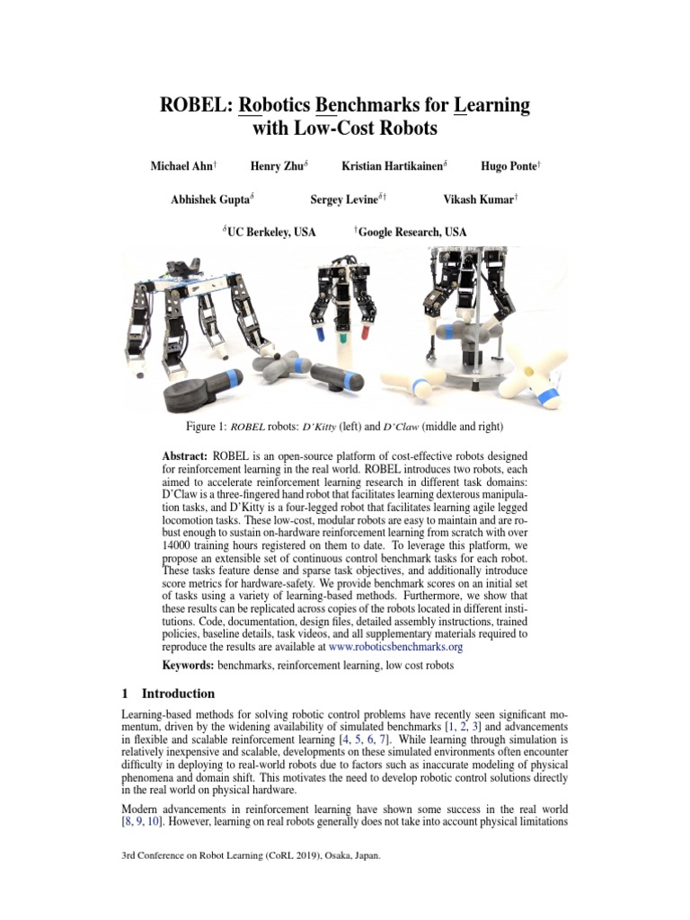 ROBEL - Robotics Benchmarks For Learning With Low-Cost Robots | PDF ...