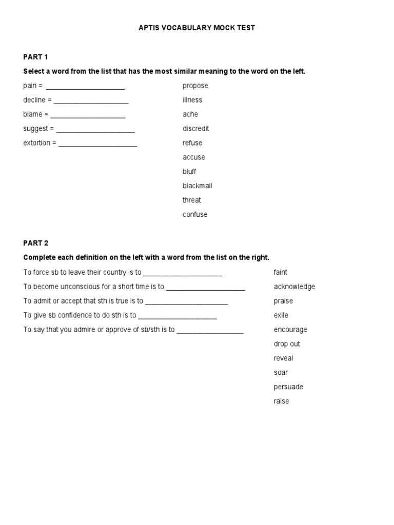 Aptis Vocabulary Mock Test | PDF