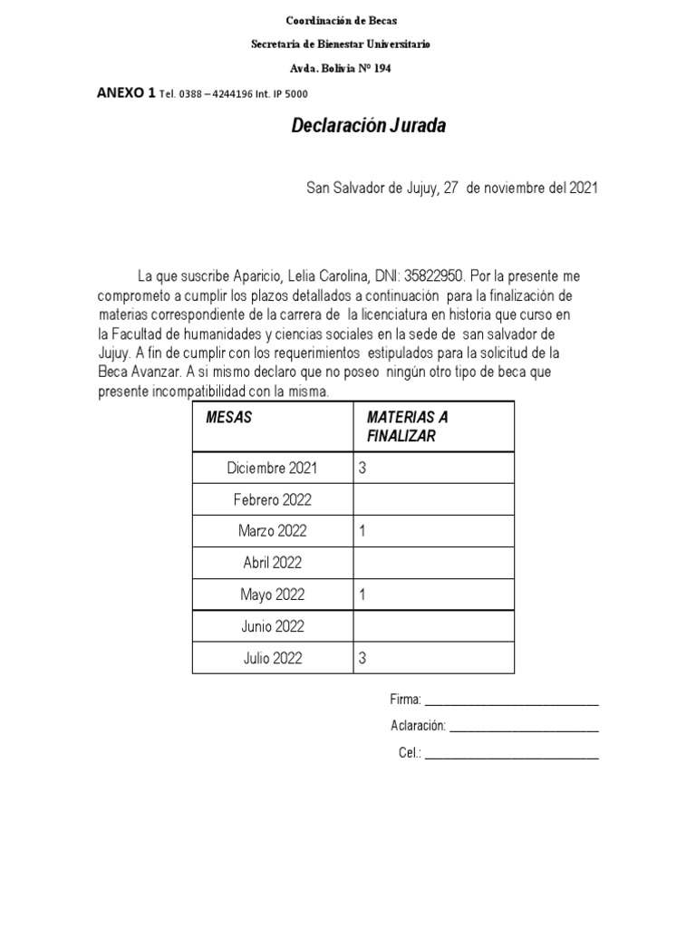 Anexo 1 Declaracion Jurada | PDF