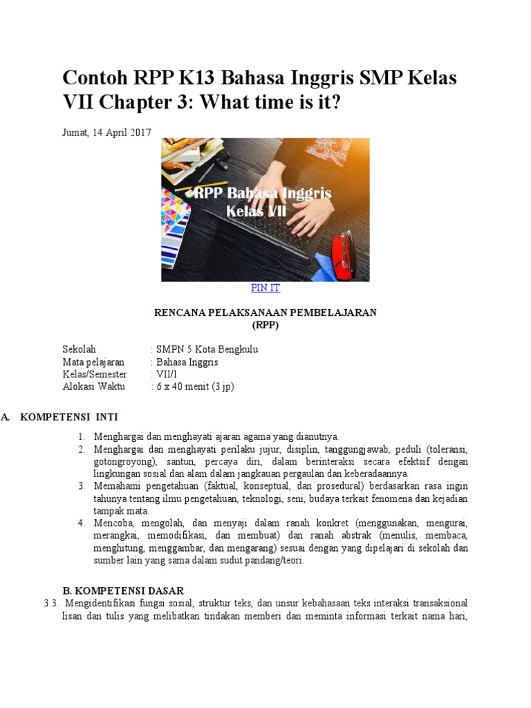 Contoh RPP K13 Bahasa Inggris SMP Kelas VII Chapter 3 | PDF | Karier & Perkembangan | Kajian ...