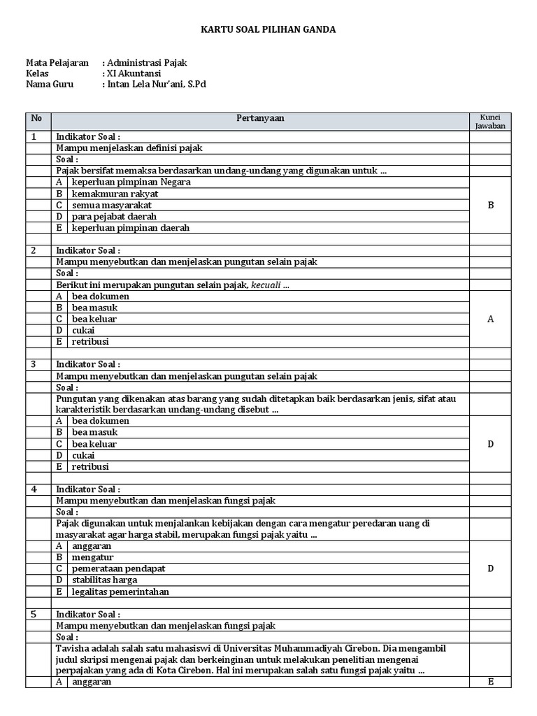 PTS - Kartu Soal Administrasi Pajak Kelas XI Akuntansi | PDF