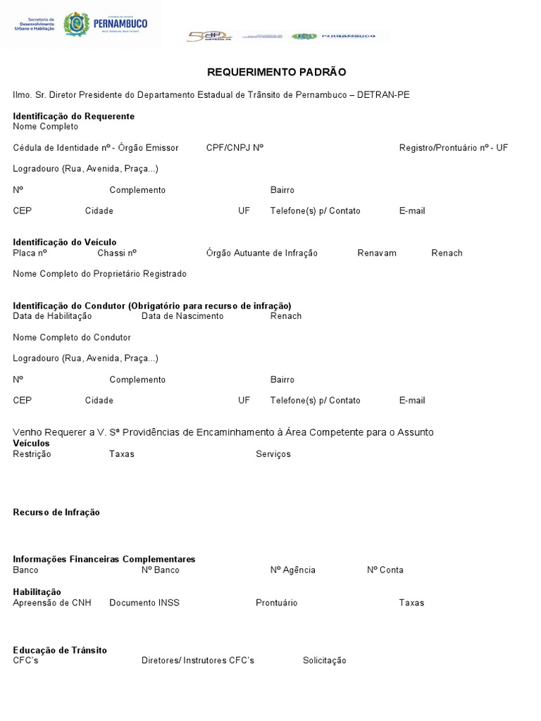 Requerimento Padrao Detran | PDF | Carteira de Motorista | Governo