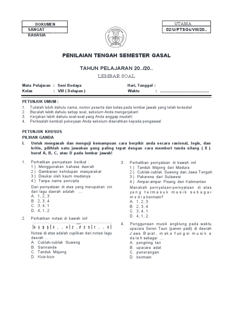 Soal Pts GSL 8 - Seni Budaya | PDF