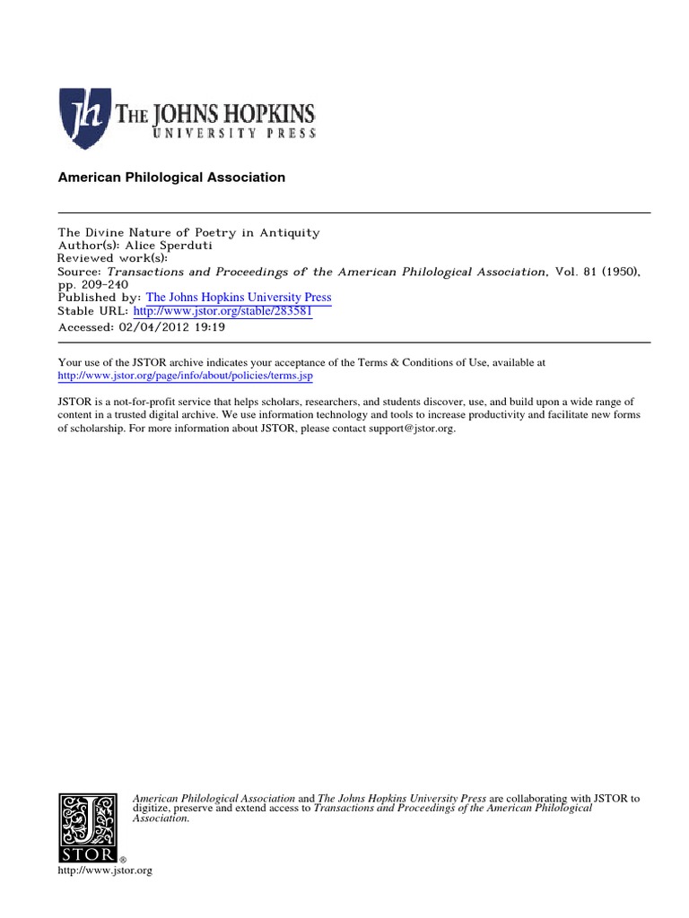Sperduti - The Divine Nature of Poetry in Antiquity - TPAPhA 81 (1950) Pp. 209-240 | PDF | Muse ...