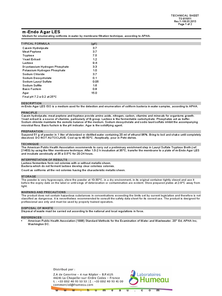M-Endo Agar LES: Technical Sheet | PDF | Sodium | Growth Medium