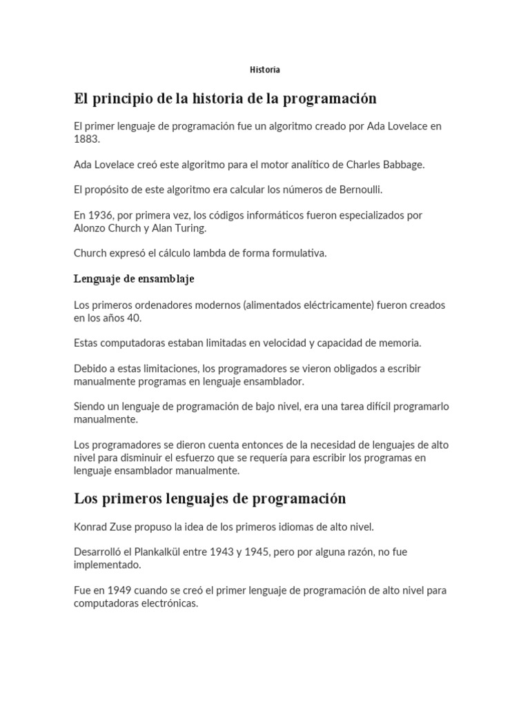 Historia de La Programacion | PDF | Lenguaje de programación ...