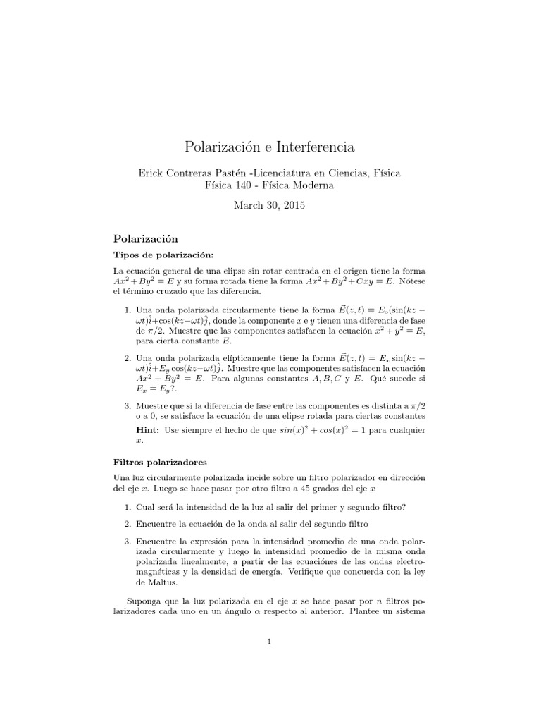 Guía de Ejercicios - Polarización e Interferencia | PDF | Olas | Polarización (ondas)