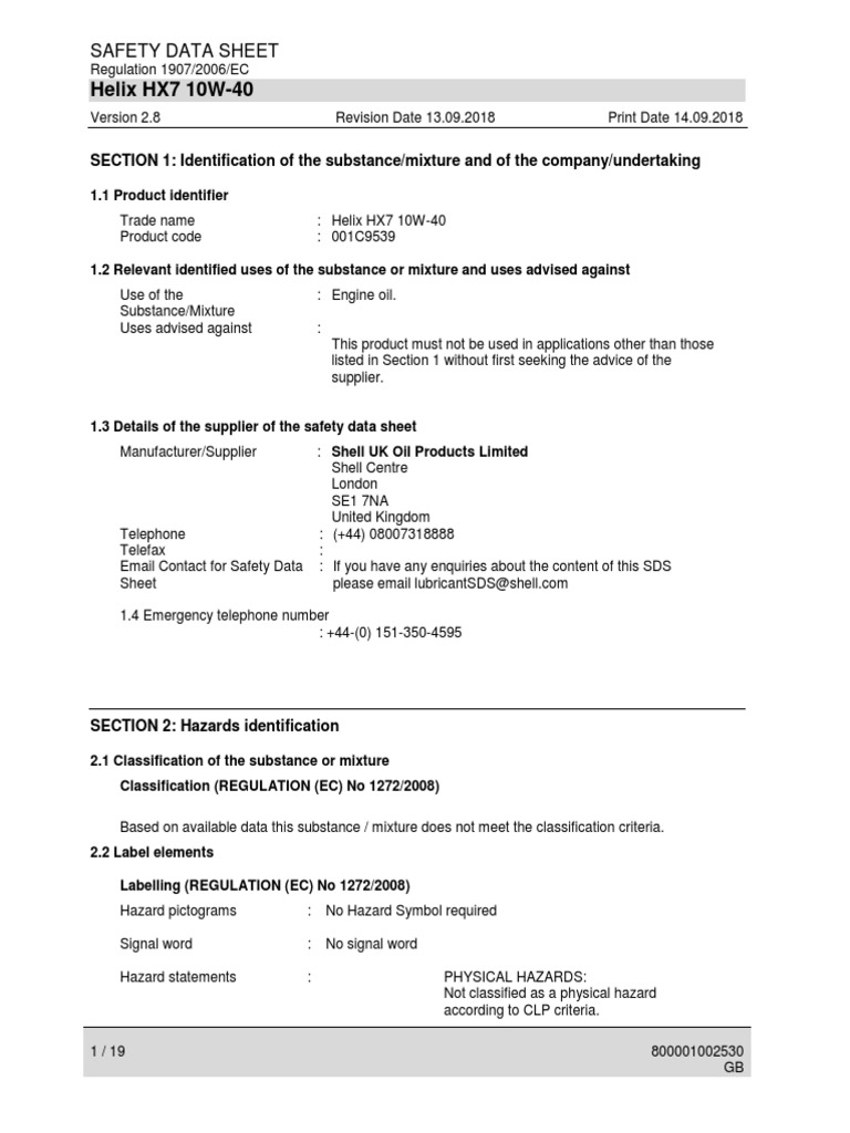 Helix HX7 10W40 MSDS - 1 | PDF | Dangerous Goods | Personal Protective ...