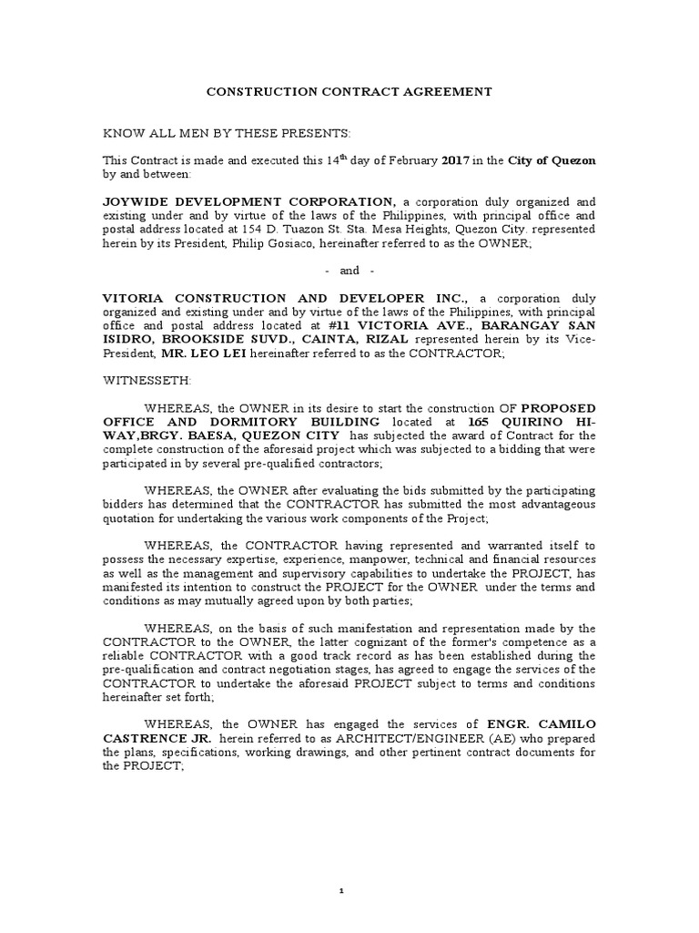 Construction Contract | PDF | Employment | General Contractor