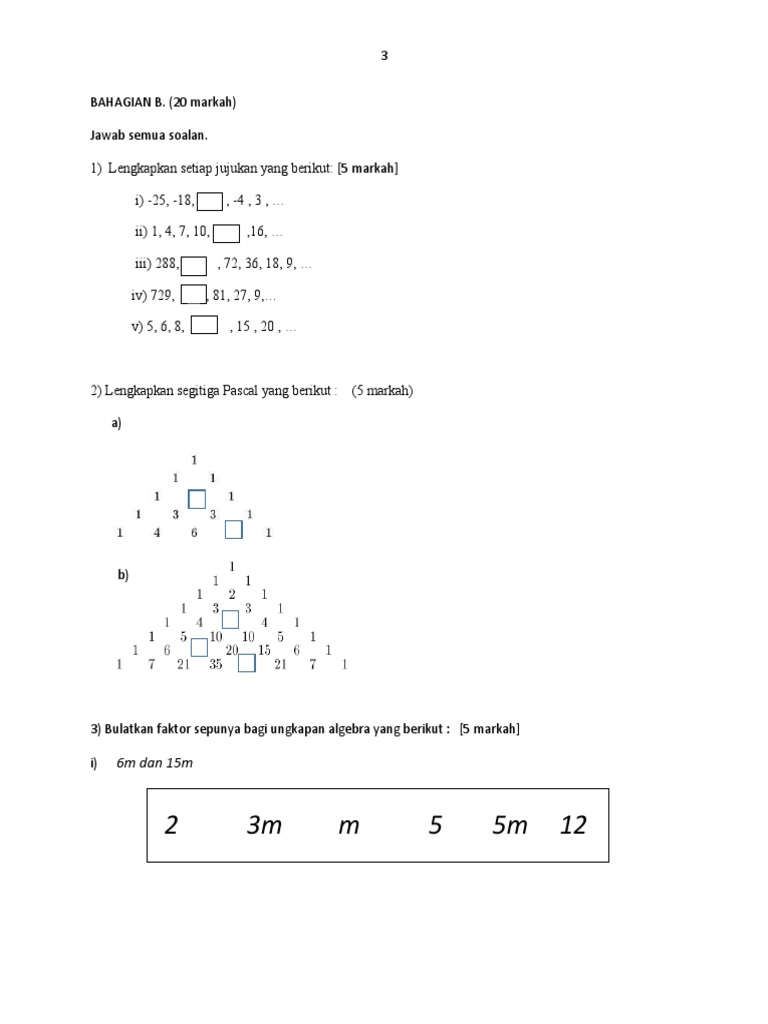 Soalan Bahagian B Ujian 1 Matematik KSSM Tingkatan 2 | PDF