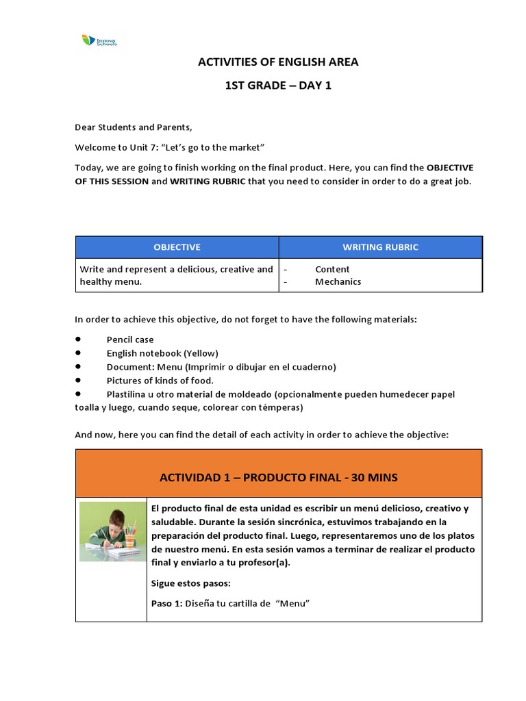 1st Grade - Week 4 - Day 1 - INSTRUCTIONAL FOR STUDENTS | PDF