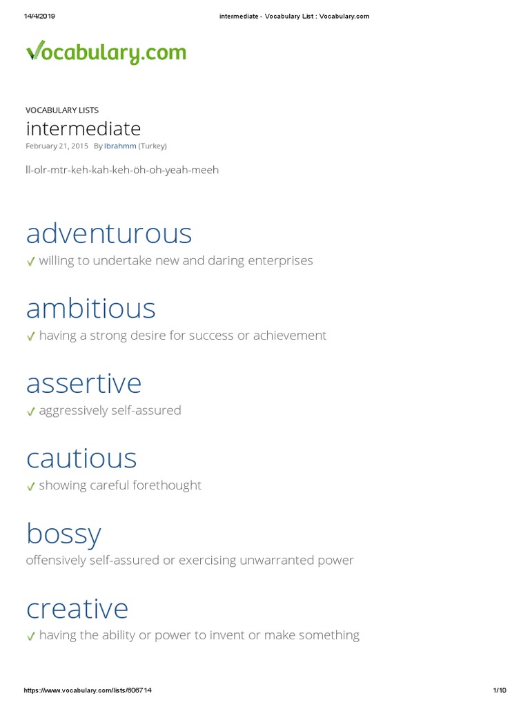 Intermediate - Vocabulary List | PDF | Cognition | Psychological Concepts