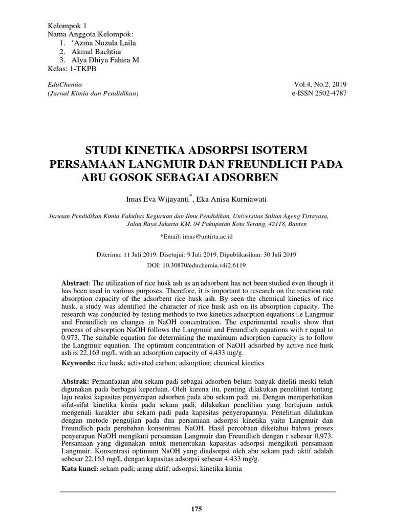 Kelompok 1 - 1TKPB - STUDI KINETIKA ADSORPSI ISOTERM PERSAMAAN LANGMUIR ...