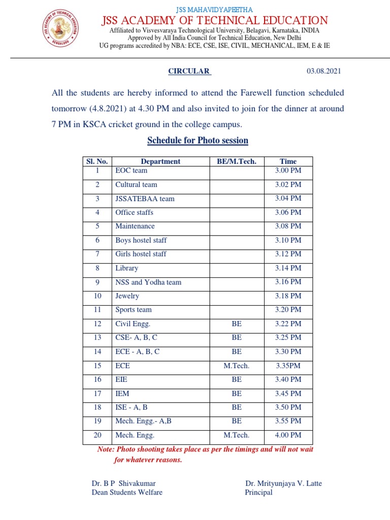 JSSATE Farewell Function Schedule | PDF | Academia | Higher Education