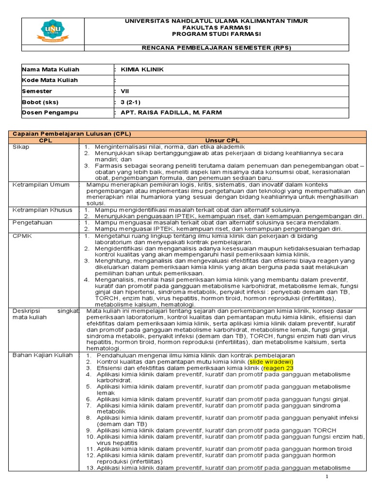 RPS Kimia Klinik Unu | PDF