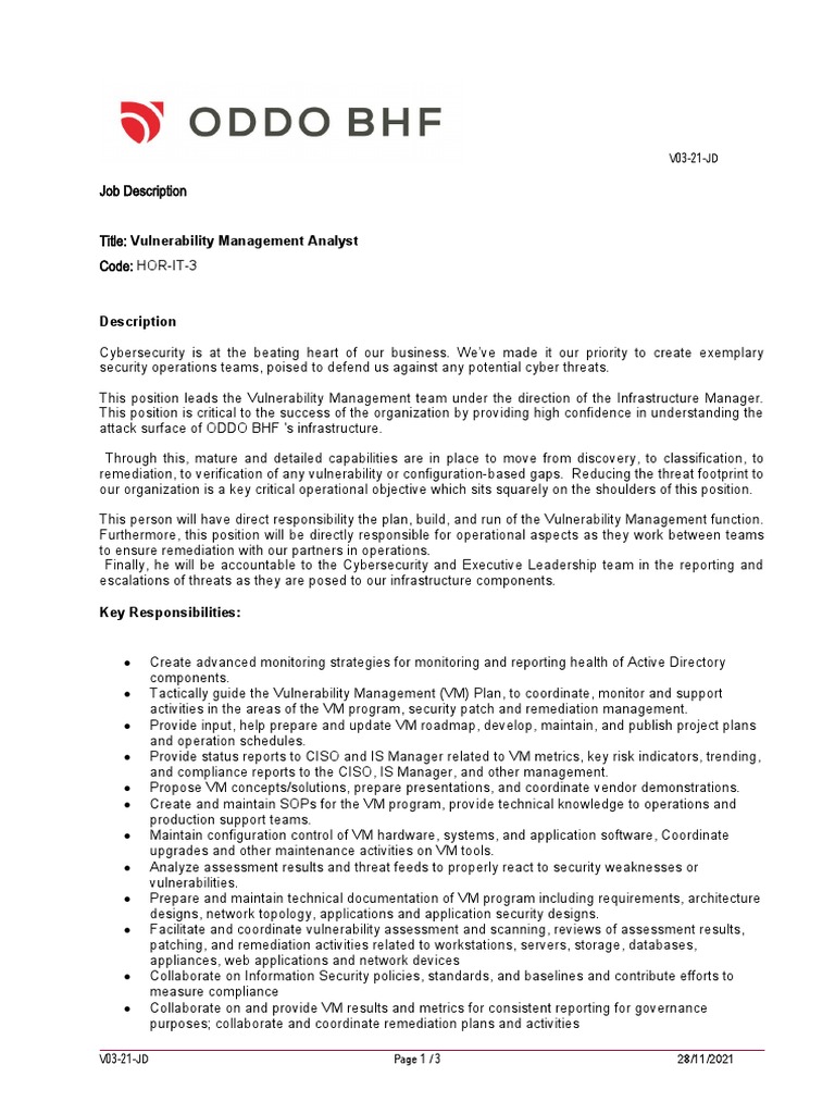 Job Description - Vulnerability Management Analyst | PDF ...