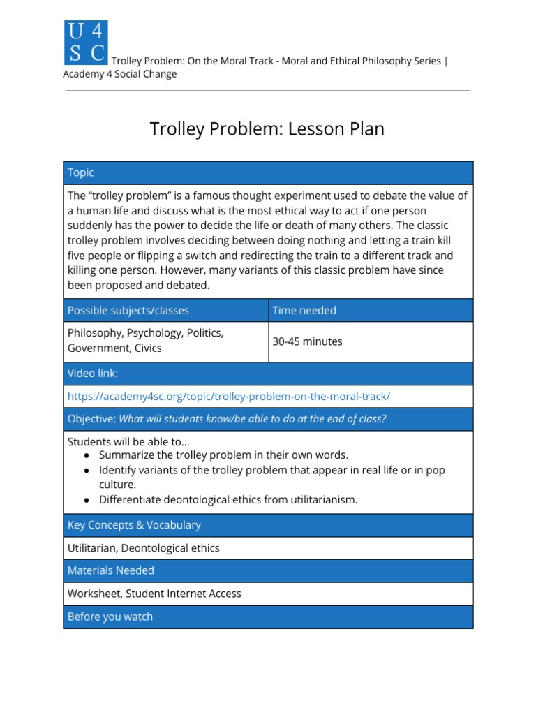 Exploring Ethical Dilemmas: A Lesson Plan on the Trolley Problem | PDF ...