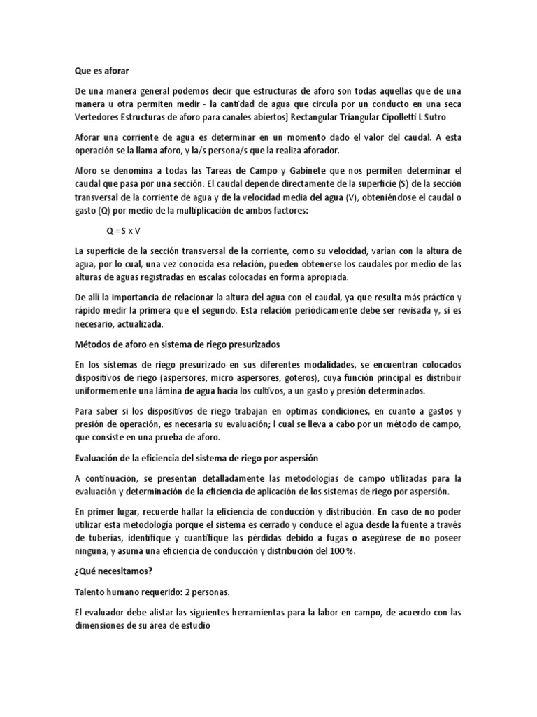 Que Es Aforar | PDF | Descarga (hidrología) | Riego