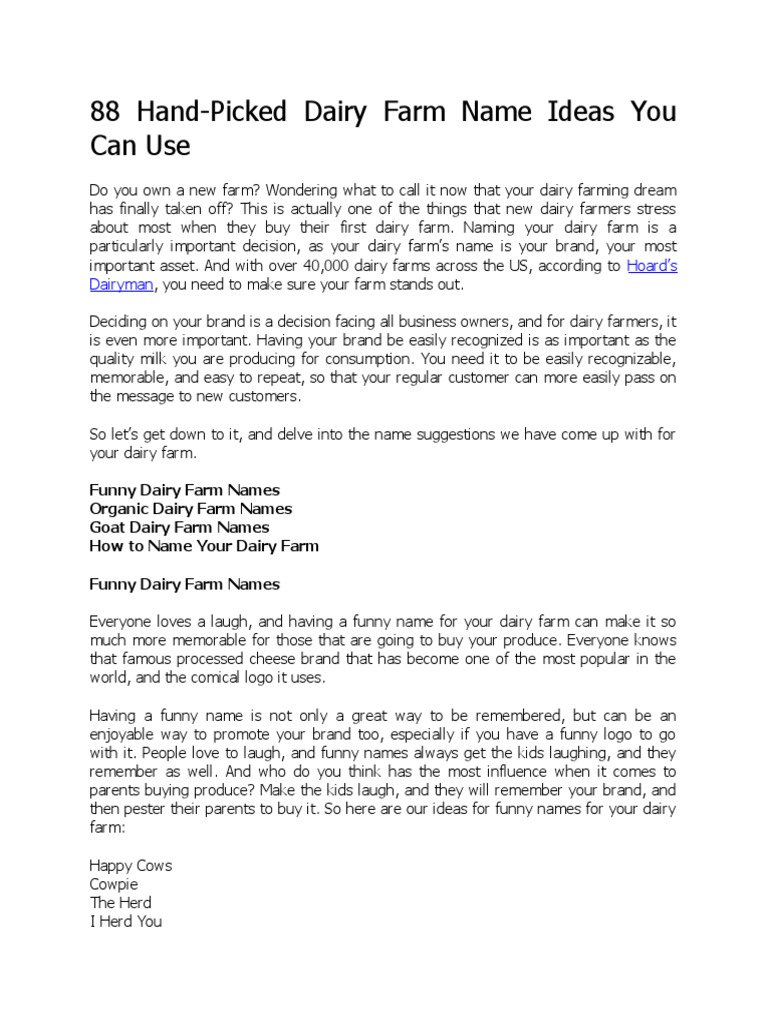 88 Hand-Picked Dairy Farm Name Ideas You Can Use | PDF | Goat | Milk