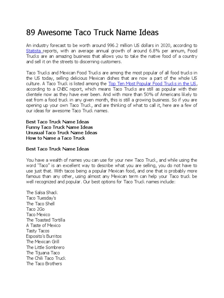 89 Awesome Taco Truck Name Ideas | PDF | Taco | Burrito