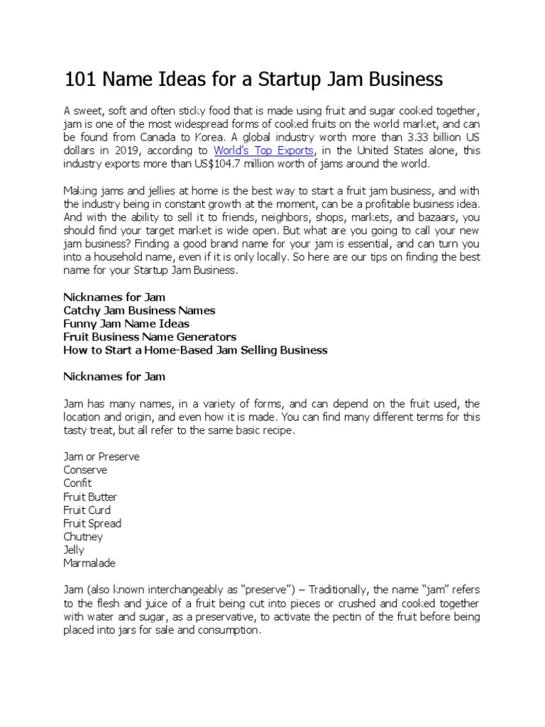 101 Name Ideas for a Startup Jam Business | PDF | Fruit Preserves | Foods