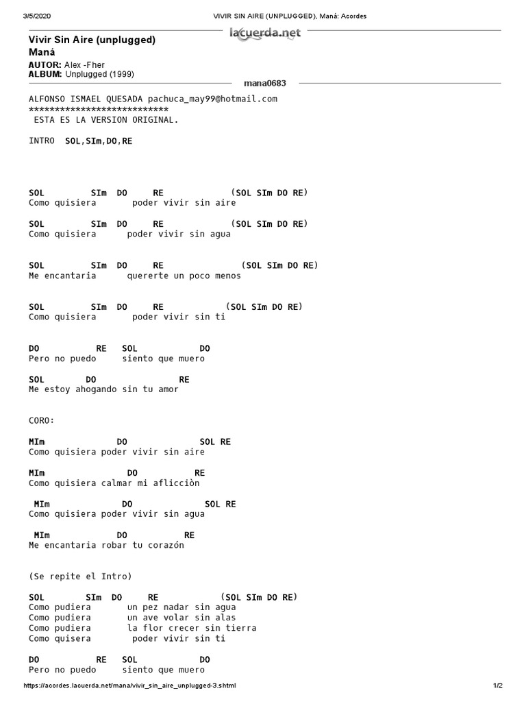 VIVIR SIN AIRE (UNPLUGGED), Maná_ Acordes | PDF | Álbumes | Música grabada