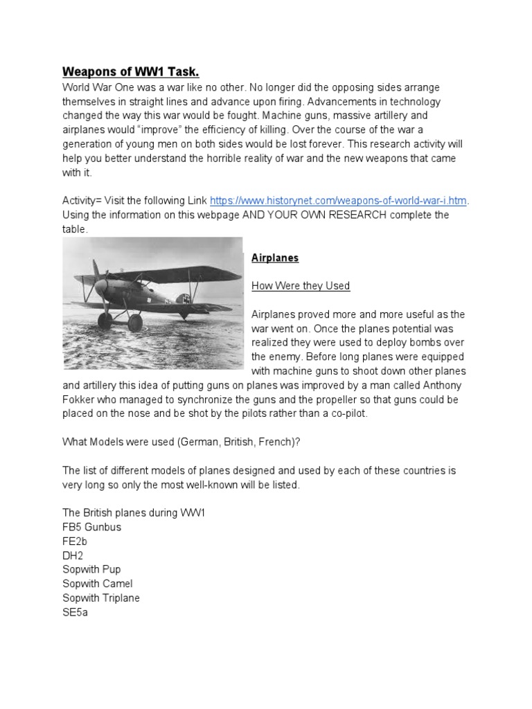 Weapons of WW1 Task | PDF | Manfred Von Richthofen | Tanks