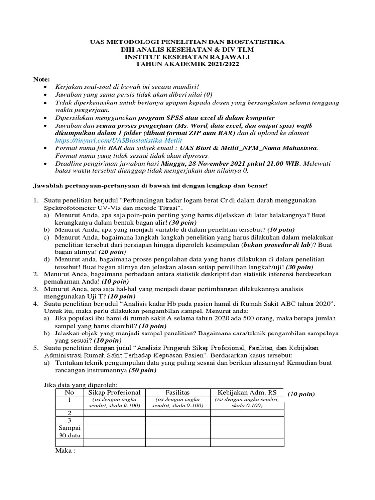 Uas Biostatistik & Metlit - Diii & Div TLM Reg - 2021-2022 | PDF