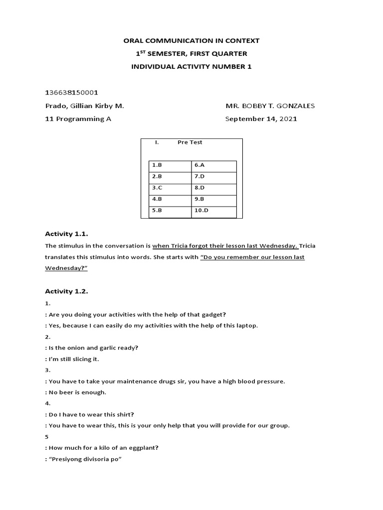 Individual Activity Number 1 | PDF | Communication | Psychology