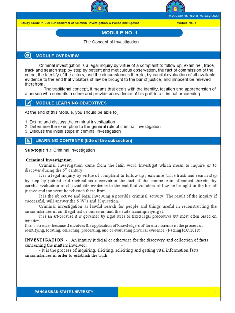 Cdi Fundamental Of Criminal Investigation Police Intelligence Study