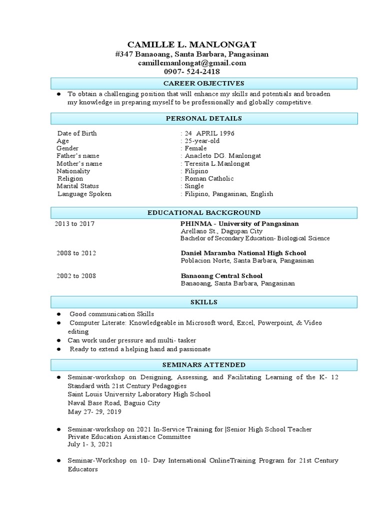 Resume in Tesda | PDF | Teachers | Behavior Modification