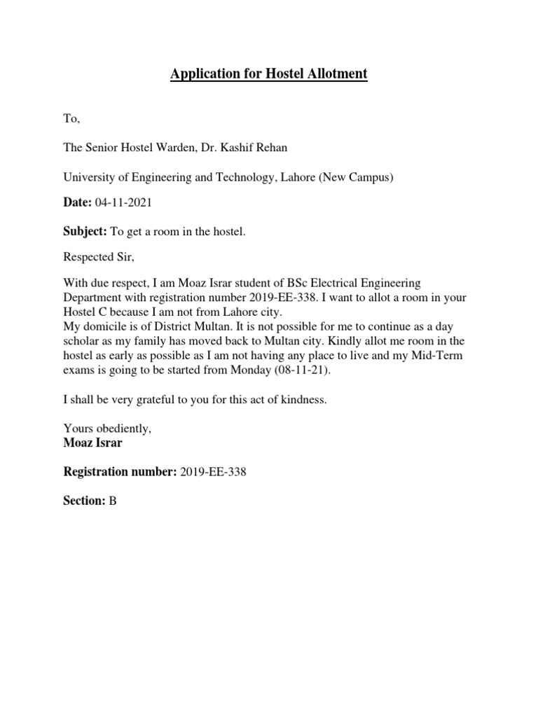Application For Hostel Allotment | PDF
