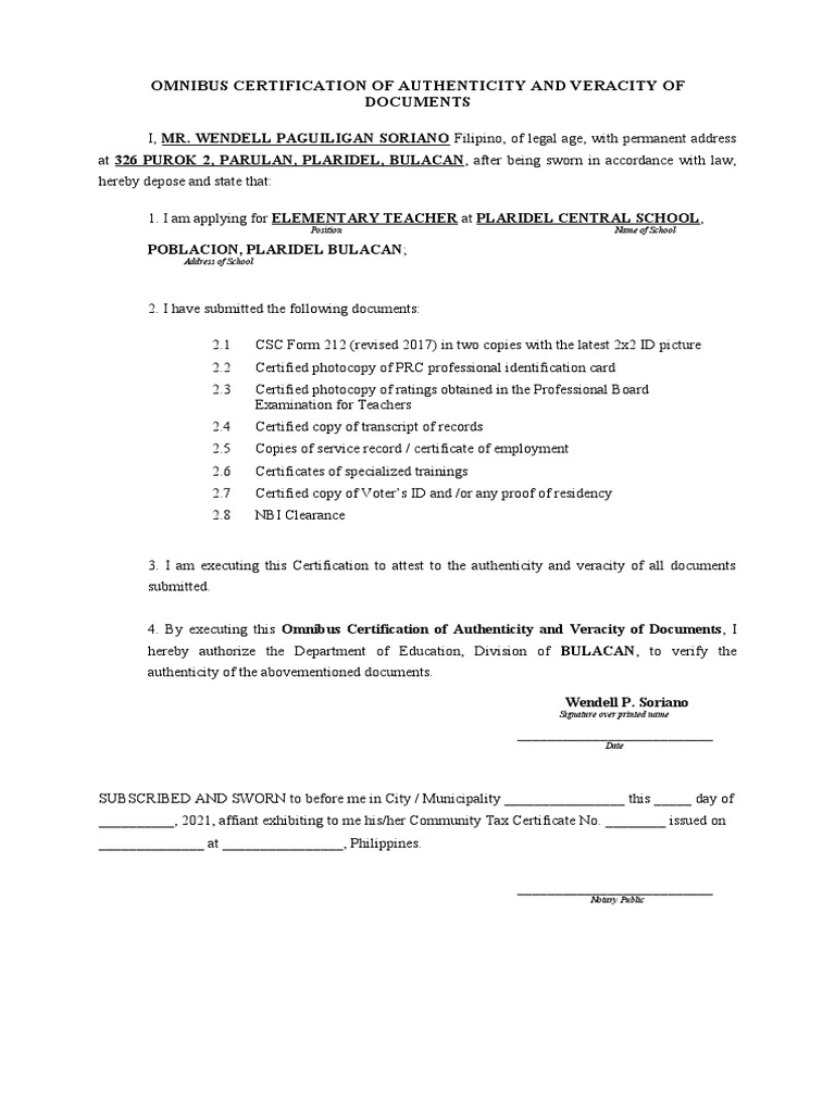 Omnibus Certification of Authenticity and Veracity of Documents ...
