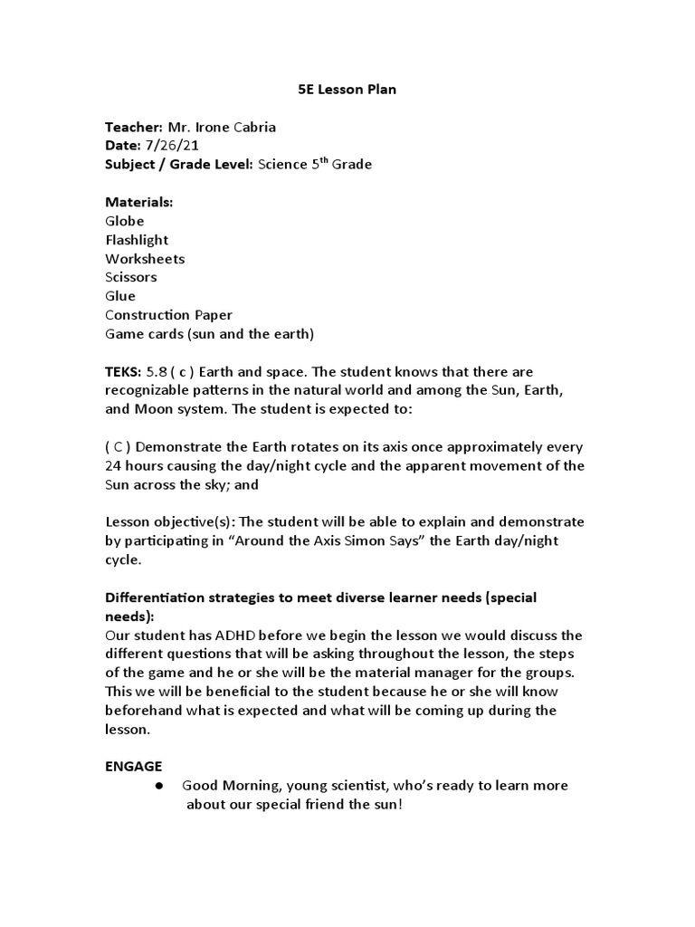 5E Lesson Plan SCIENCE | PDF | Earth | Night