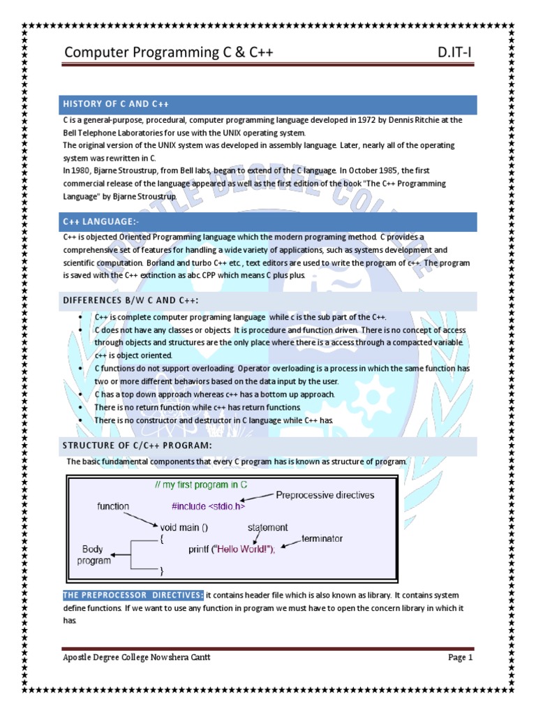 Lecture - 1 (Dit 1, Book C&C++) | PDF | C++ | C (Programming Language)