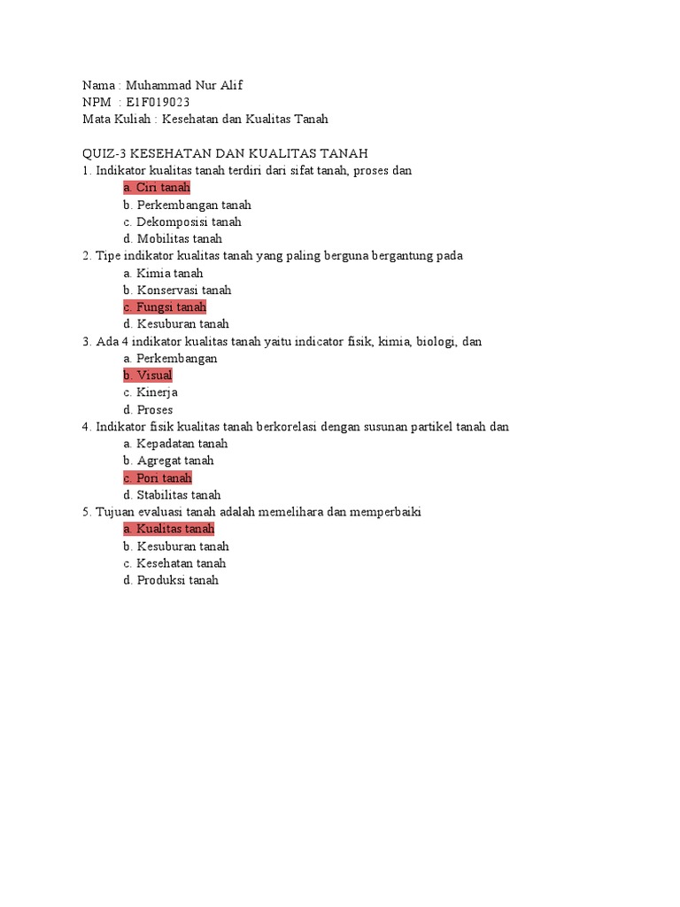 QUIZ 3 Kesehatan Dan Kualitas Tanah Muhammad Nur Alif E1F019023 | PDF ...