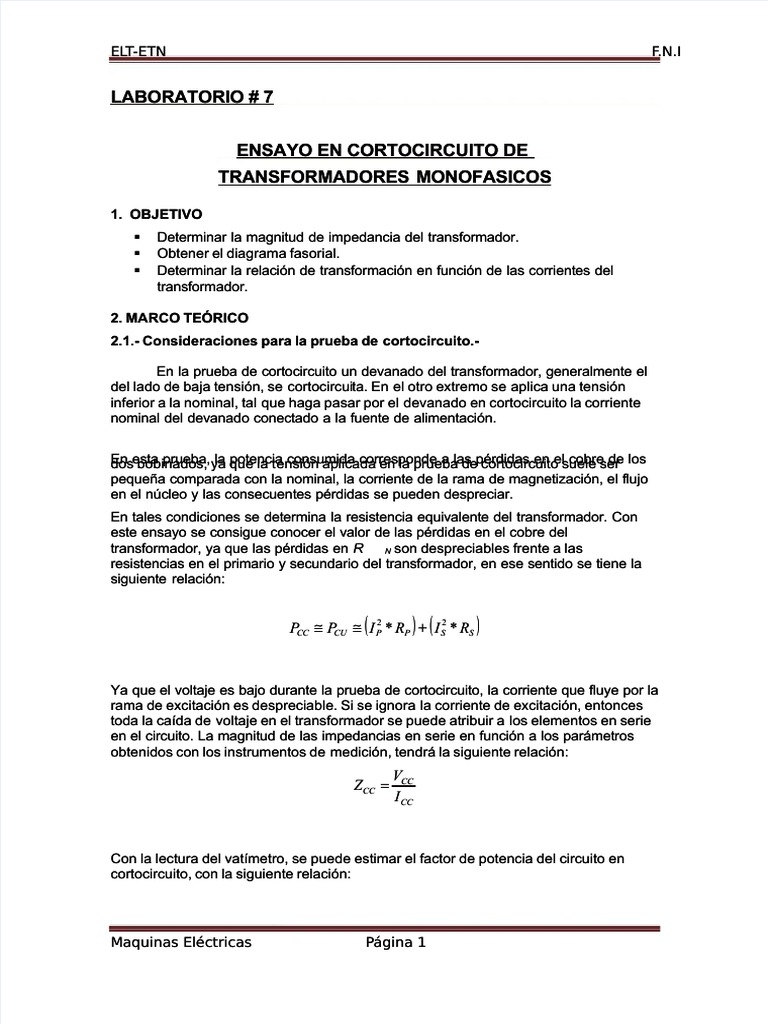 Ensayo en Cortocircuito de Transformadores Monofasicos | PDF | Transformador | Corriente continua