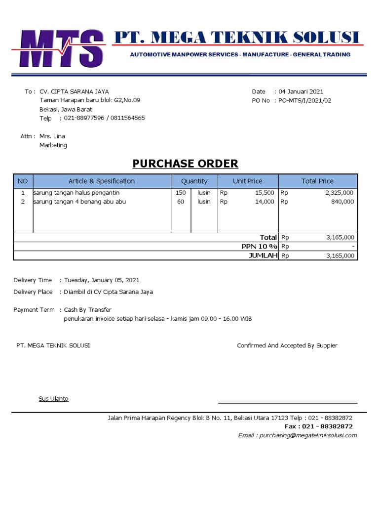 Purchase Order: NO Article & Spesification Quantity Unit Price Total ...