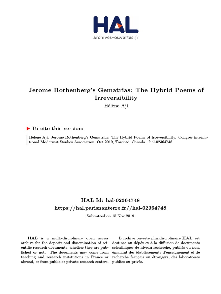 Jerome Rothenberg's Gematrias: The Hybrid Poems of Irreversibility ...