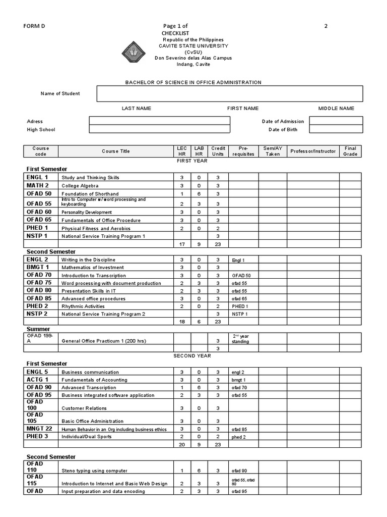 Bachelor of Science in Office Administration Curriculum and Course ...
