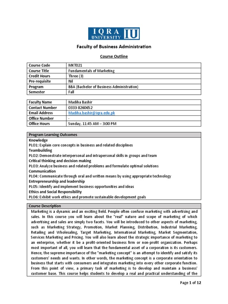Fundamentals of Marketing Course Outline | PDF | Marketing | Critical ...