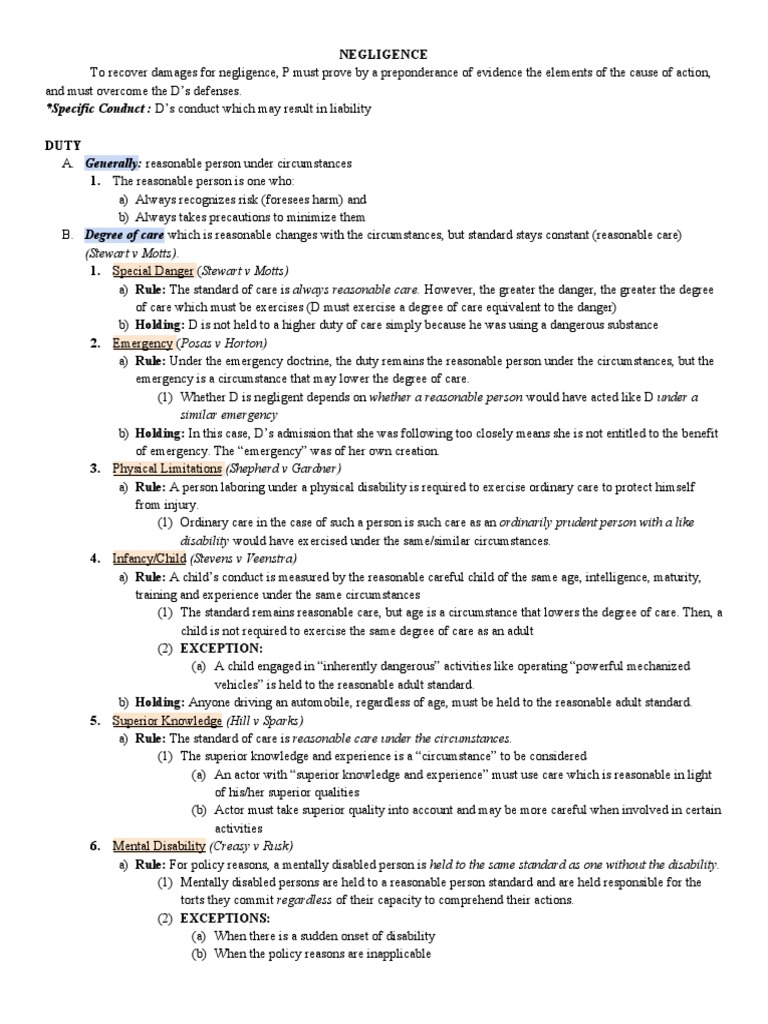 Torts Negligence Outline | PDF | Negligence | Legal Liability